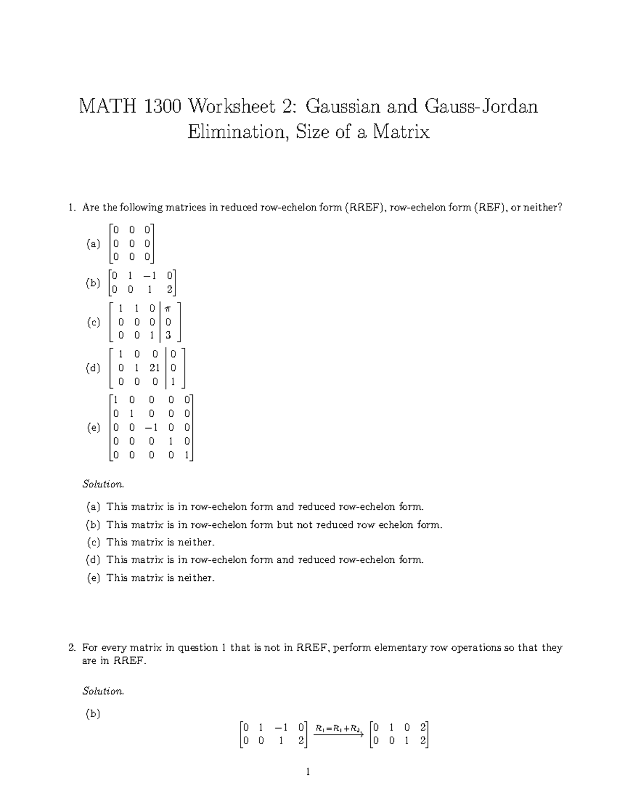 Worksheet 2 sol - MATH 1300 Worksheet 2: Gaussian and Gauss-Jordan ...