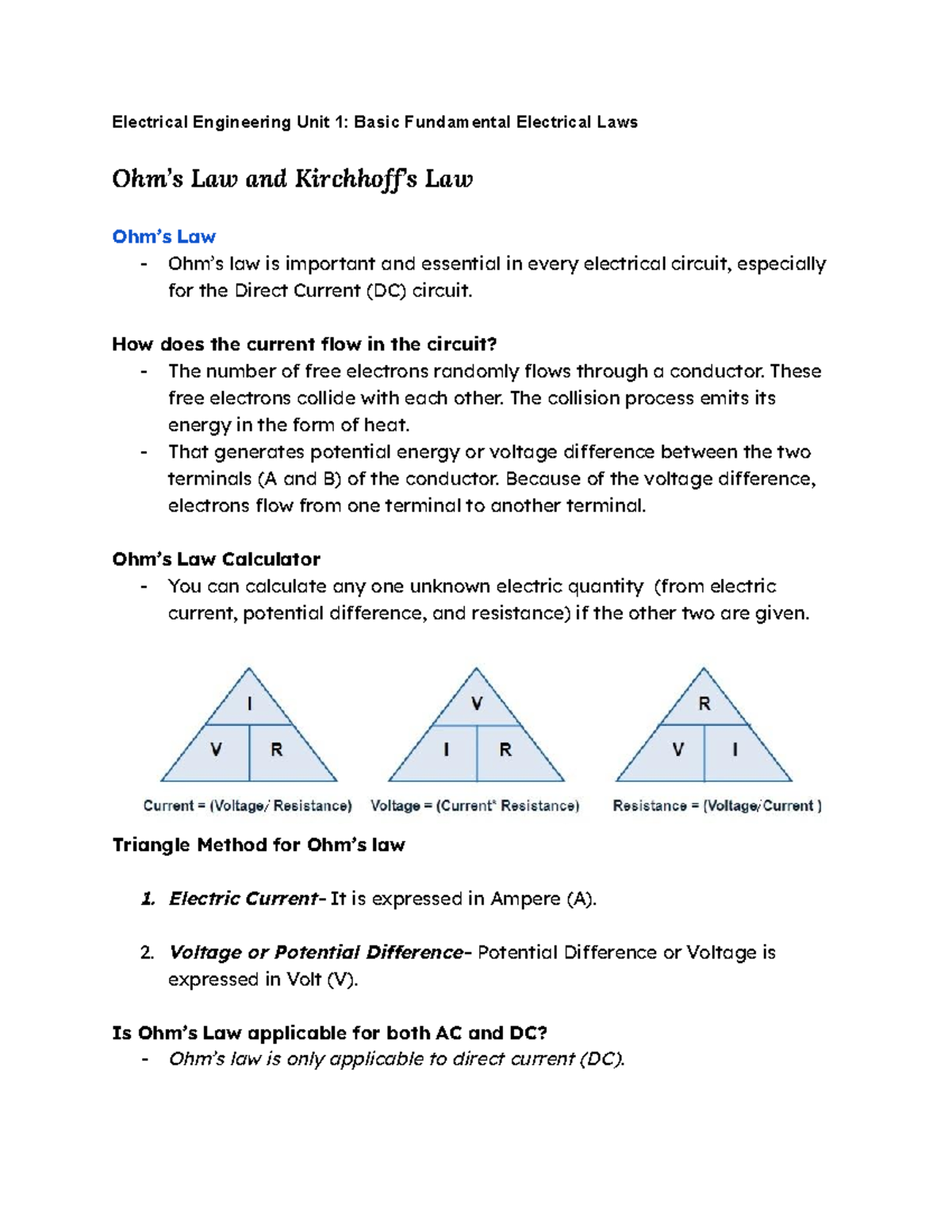 Ohms and kirch - Electrical Engineering: Unit 1: Basic fundamental ...