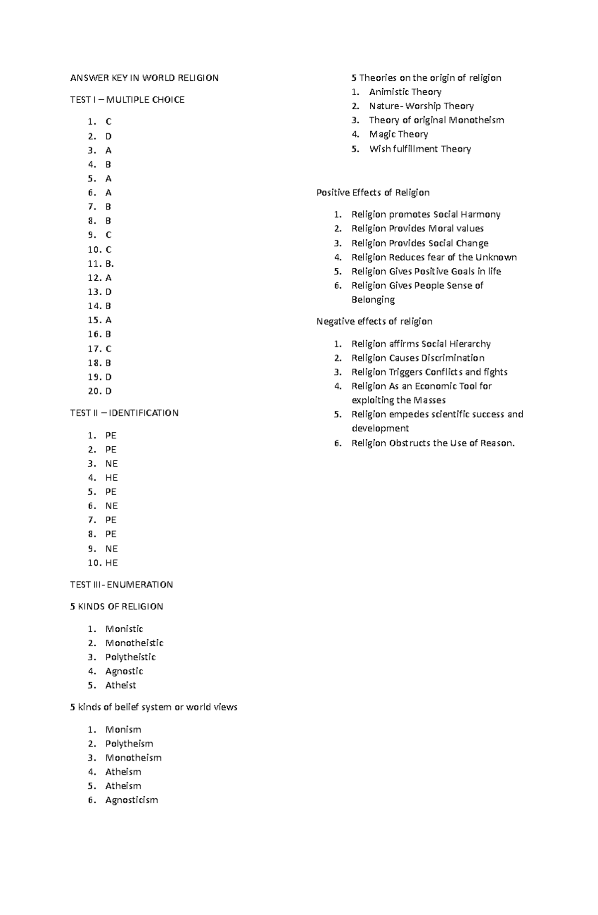Answer KEY IN World Religion - ANSWER KEY IN WORLD RELIGION TEST I ...