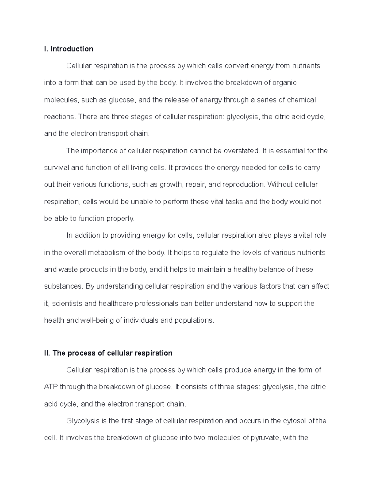 Cellular Respiration - I. Introduction Cellular respiration is the ...