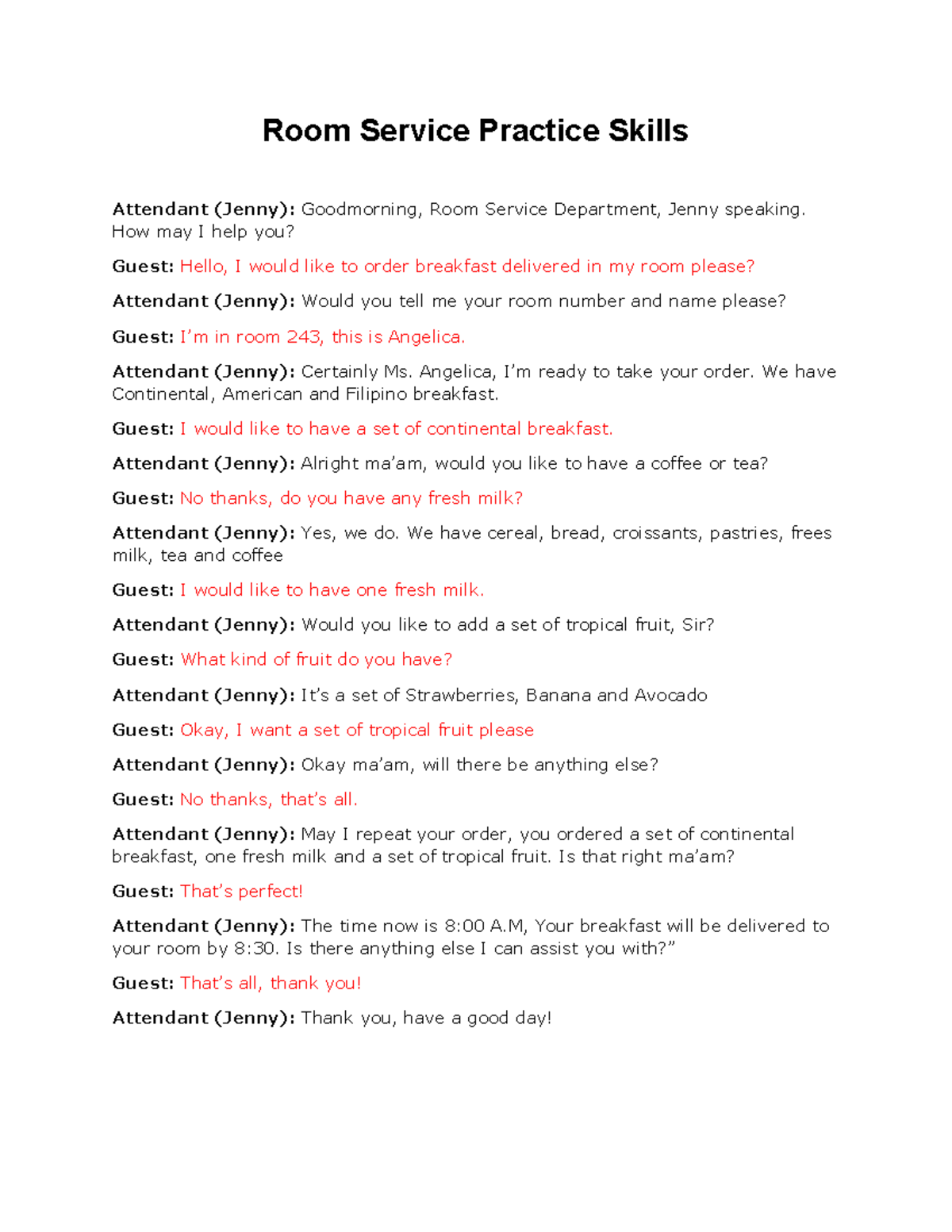 Room Service Practice Skills - Room Service Practice Skills Attendant ...