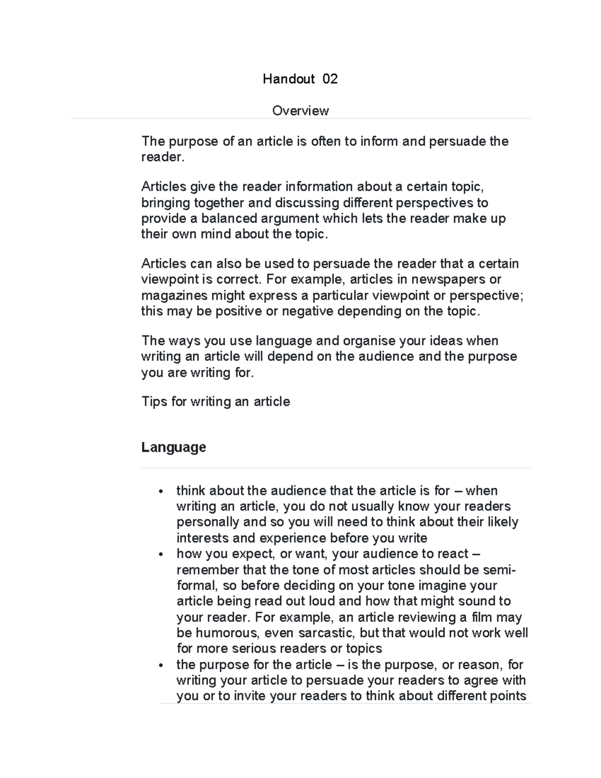 1726993378-Handout 02 - Handout 02 Overview The purpose of an article is often to inform and ...
