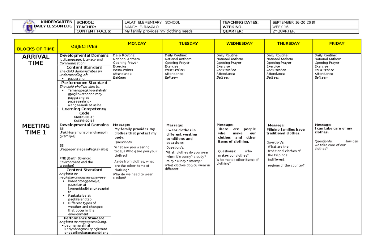 WEEK 16 - NEW KTG DLL - DAILY LESSON LOG - KINDERGARTEN DAILY LESSON ...