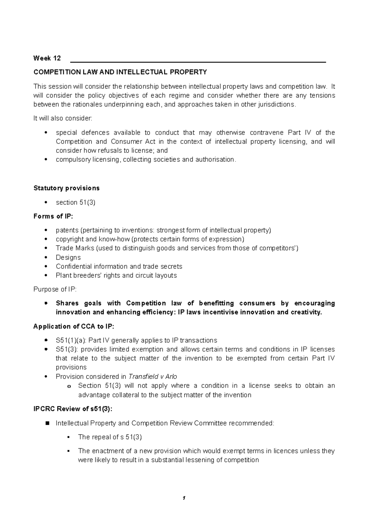 Week 12 - Lecture note 12 - Week 12 COMPETITION LAW AND INTELLECTUAL ...