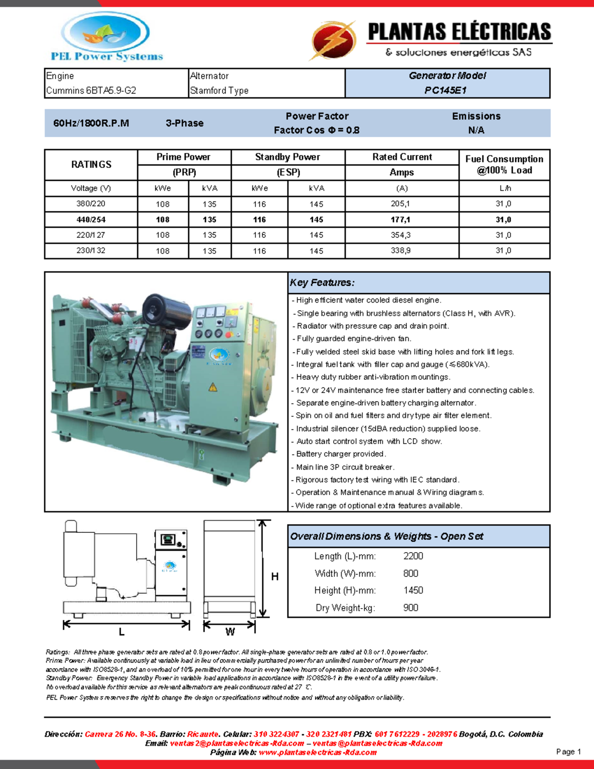 PC145E1 - data sheet - Engine Cummins 6BTA5-G Alternator Stamford Type ...