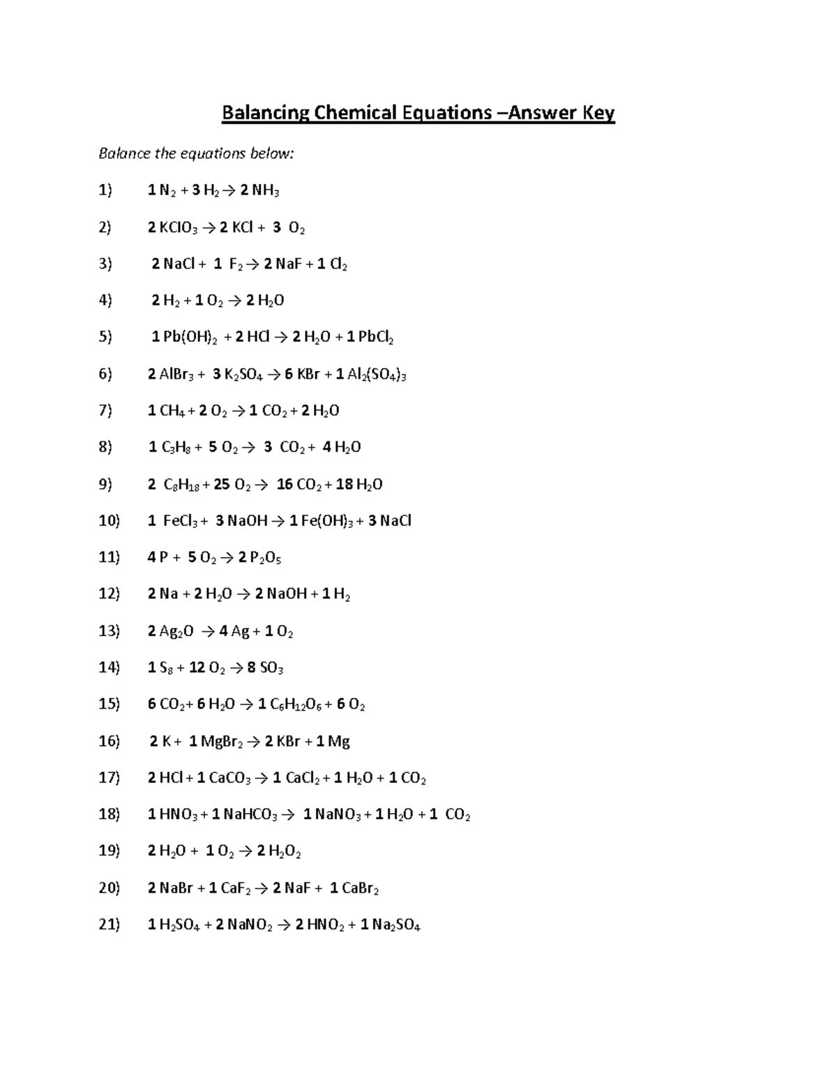 Balancing Chemical Equations Worksheet- Answer key - Balancing Chemical ...
