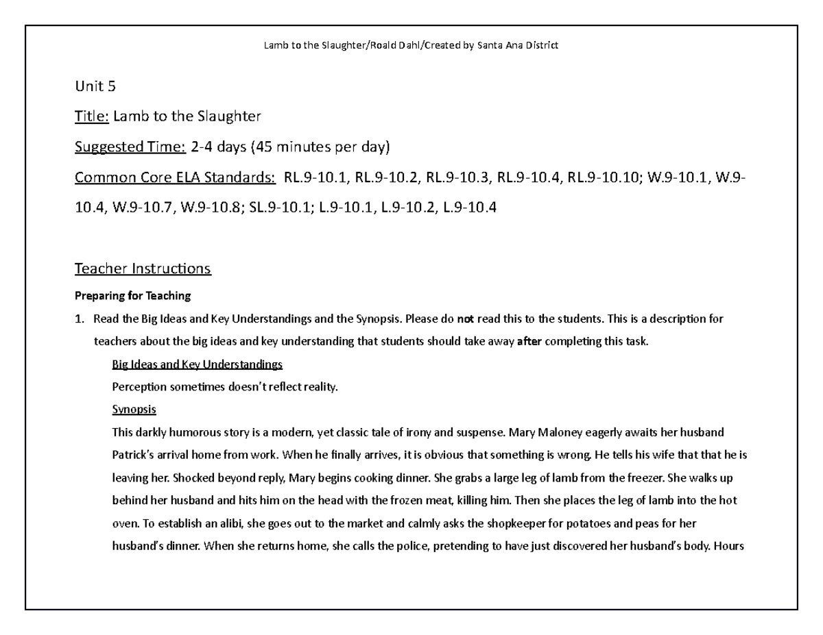 10.Lamb to the Slaughter.lesson - Anthology - Unit 5 Title: Lamb to the ...