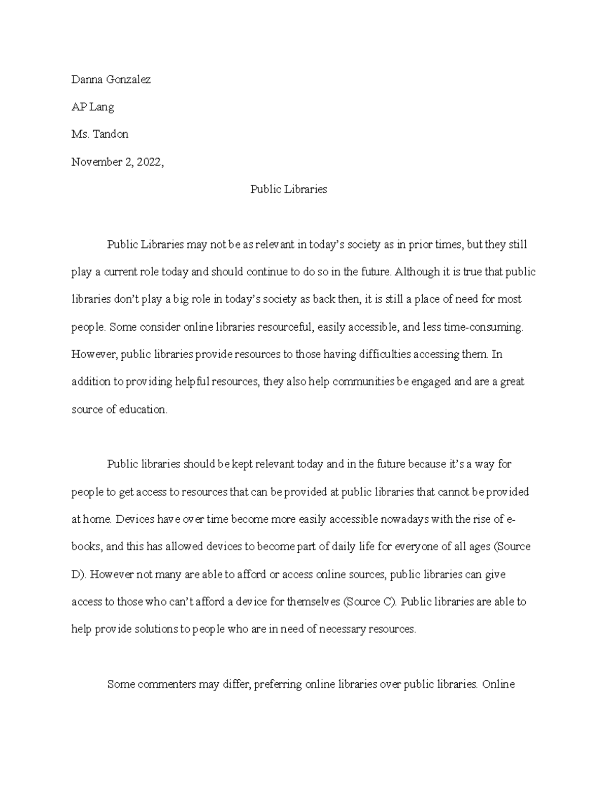 Danna Gonzalez Escobar - Post Final Public Libraries Synthesis Essay Here - Danna Gonzalez AP ...