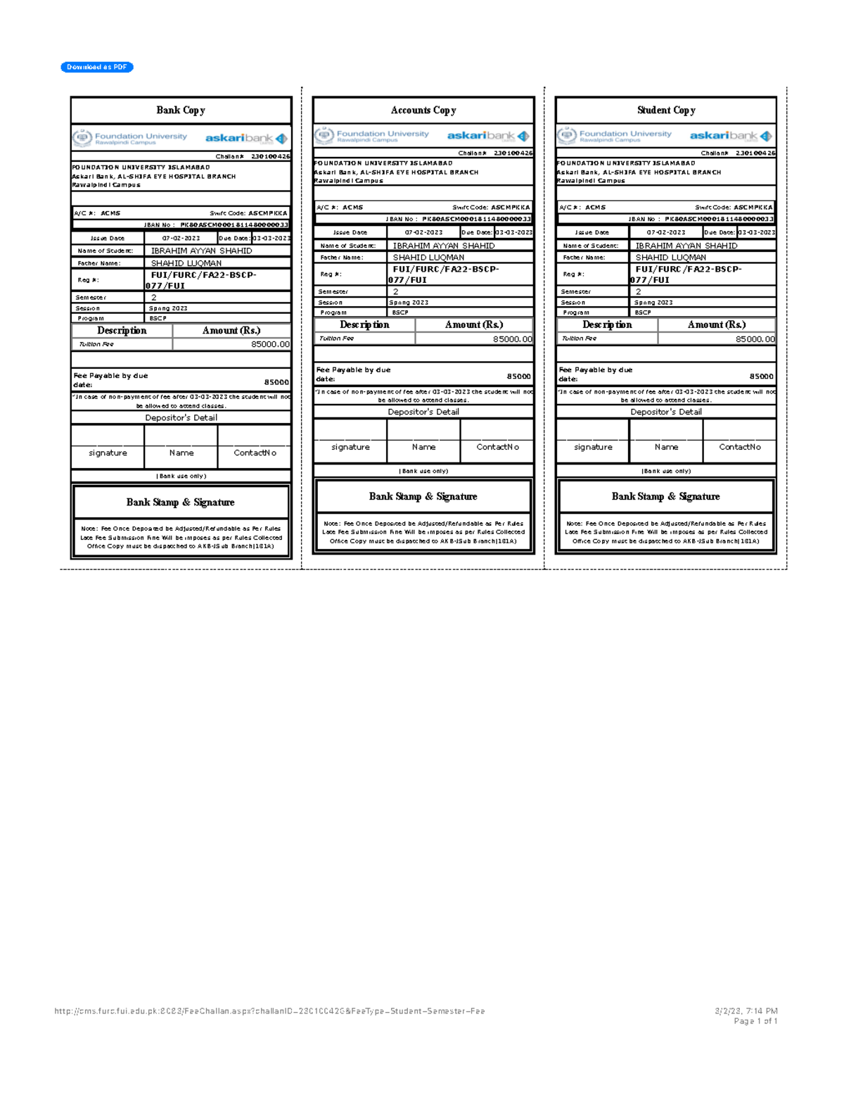 Fee Challan - Dududjfhcjcjjcjjcj - Download as PDF Bank Copy Challan ...