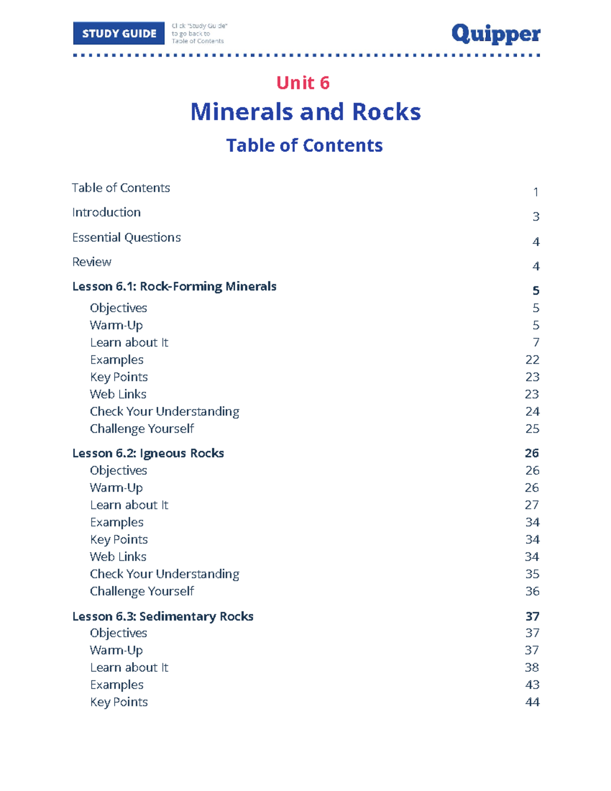 Unit 6 Minerals and Rocks Study Guide - Minerals and Rocks Table of ...