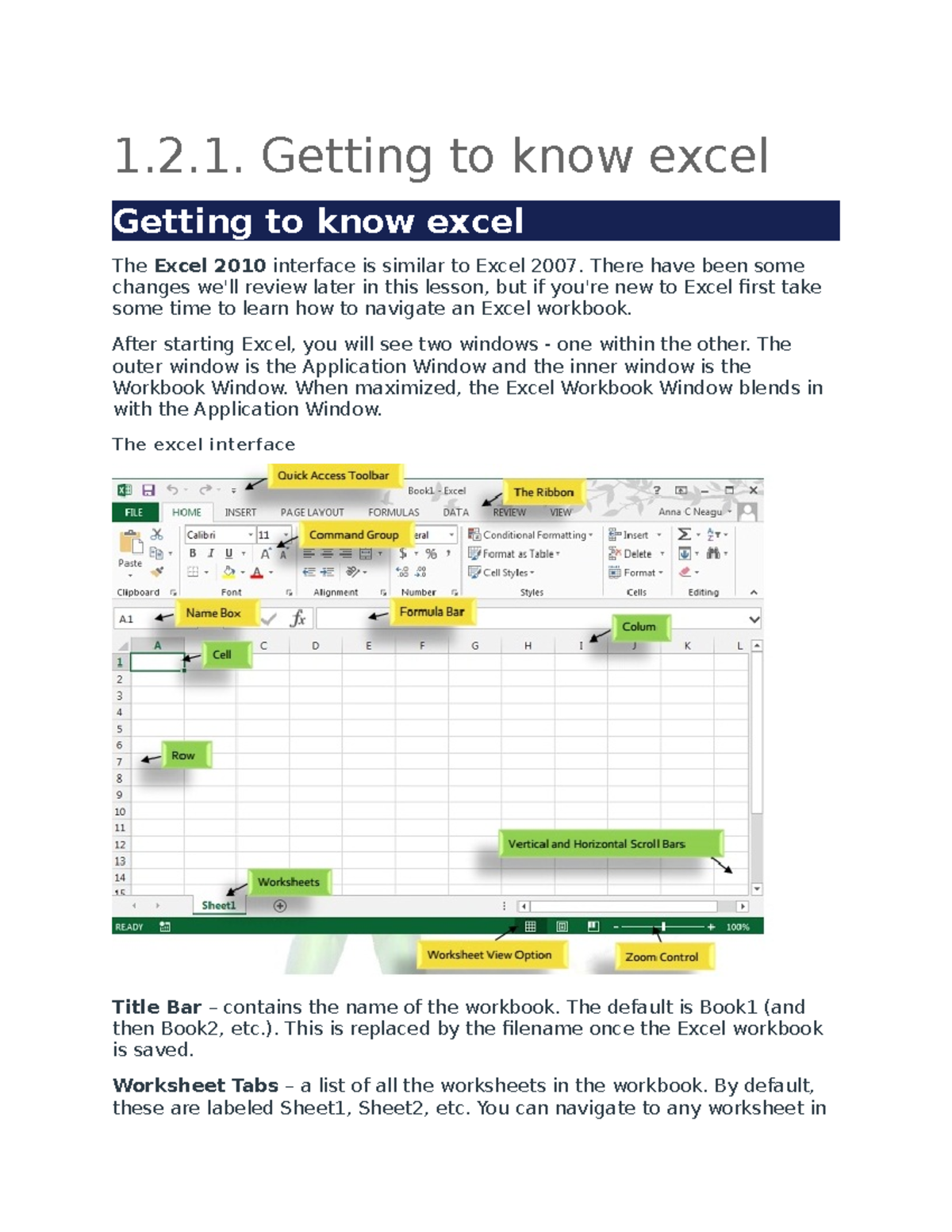 BIT - Module 1 - Lecture notes 1 - 1.2. Getting to know excel Getting ...
