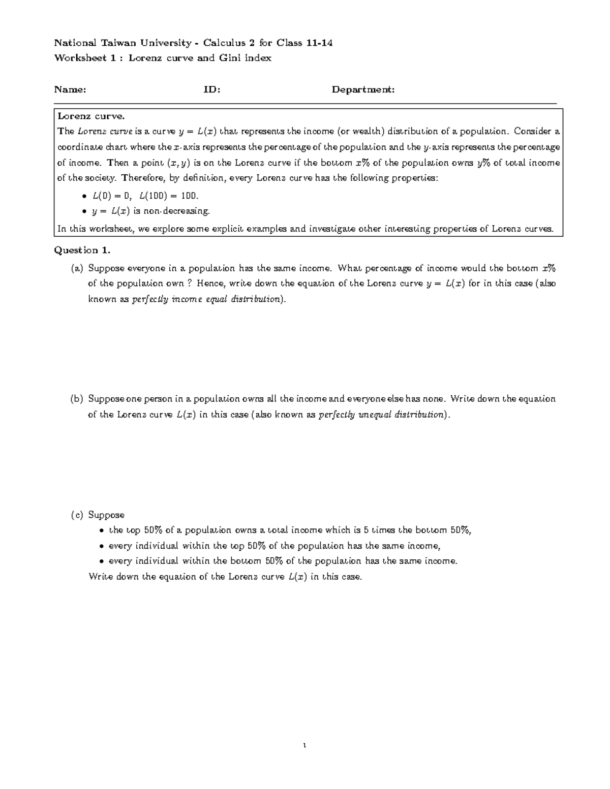 Ws1 Lorenz Curve And Gini Index National Taiwan University Calculus