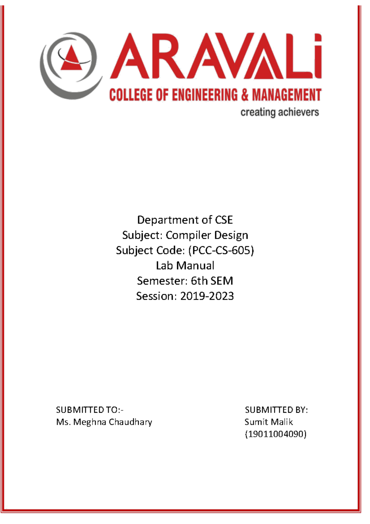 Sumit Malik 90 compiler design 1 - Department of CSE Subject: Compiler ...