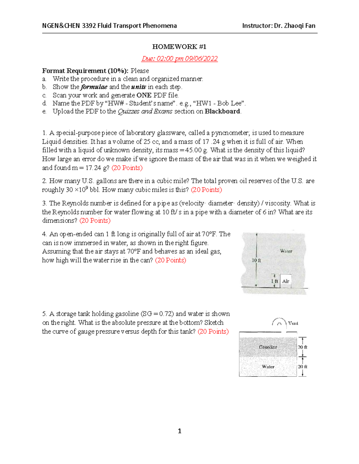 CHNG 3392 HW1 - NGEN&CHEN 3392 Fluid Transport Phenomena Instructor: Dr ...