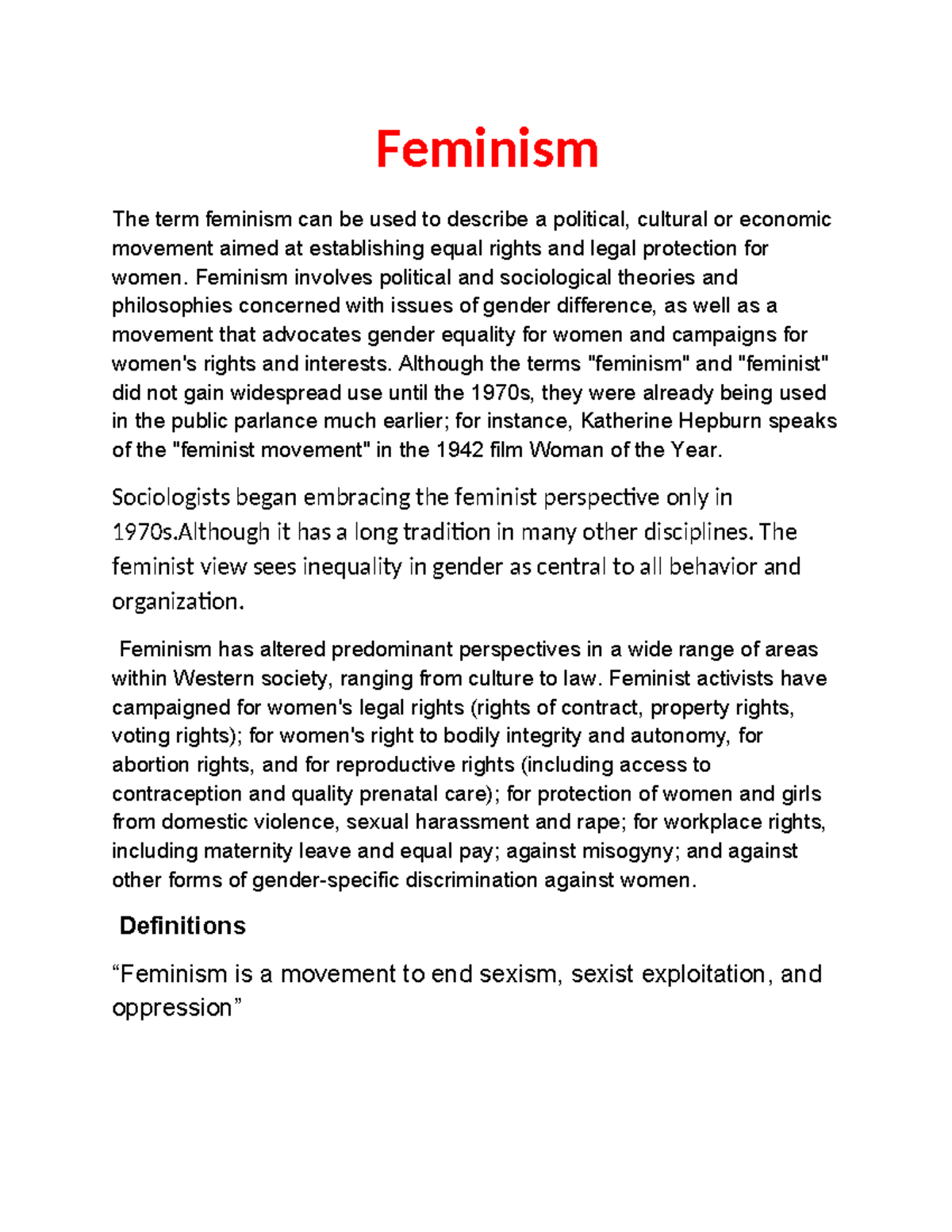 Feminism-2 - Law of Equity(Handout no. 3) - Feminism The term feminism ...