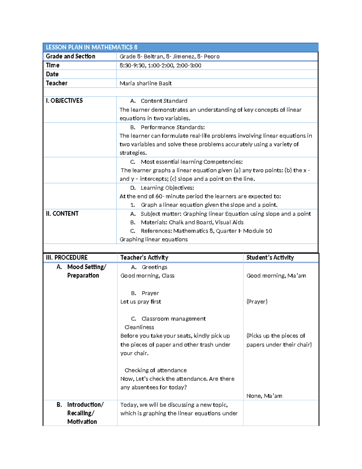 Using slope and a point - Explicit Lesson Plan in Grade 8 - LESSON PLAN ...