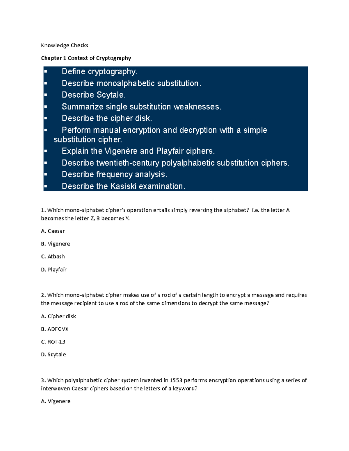 C839 Knowledge Check Project-questions-only - Knowledge Checks Chapter 1 Context of Cryptography ...