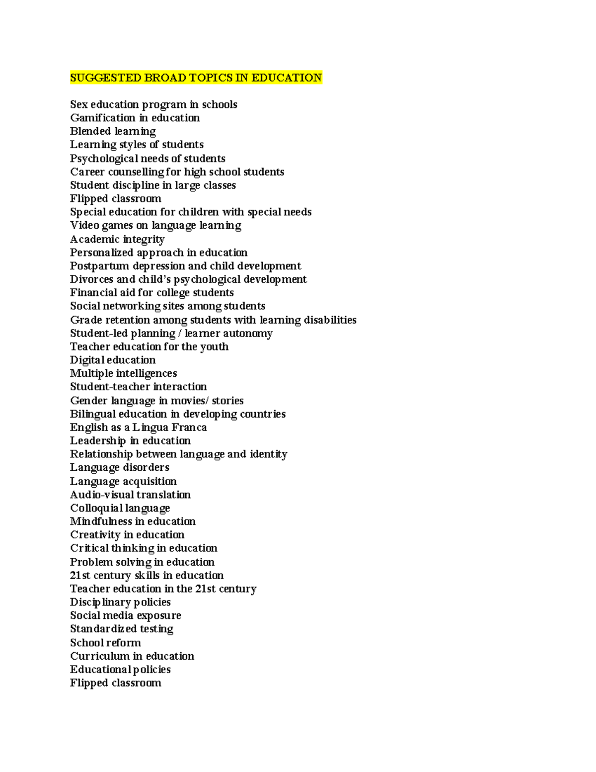 Suggested Topics In Education - SUGGESTED BROAD TOPICS IN EDUCATION Sex ...