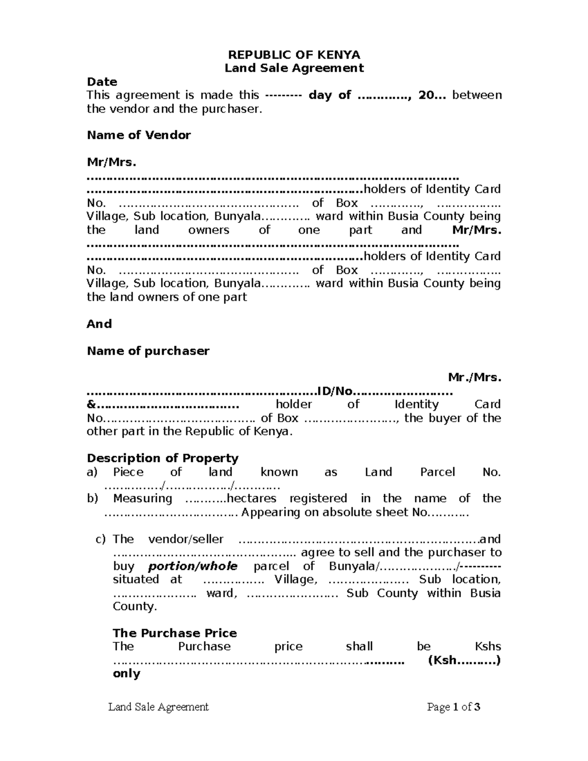Land Agreement form - STUDY - REPUBLIC OF KENYA Land Sale Agreement ...