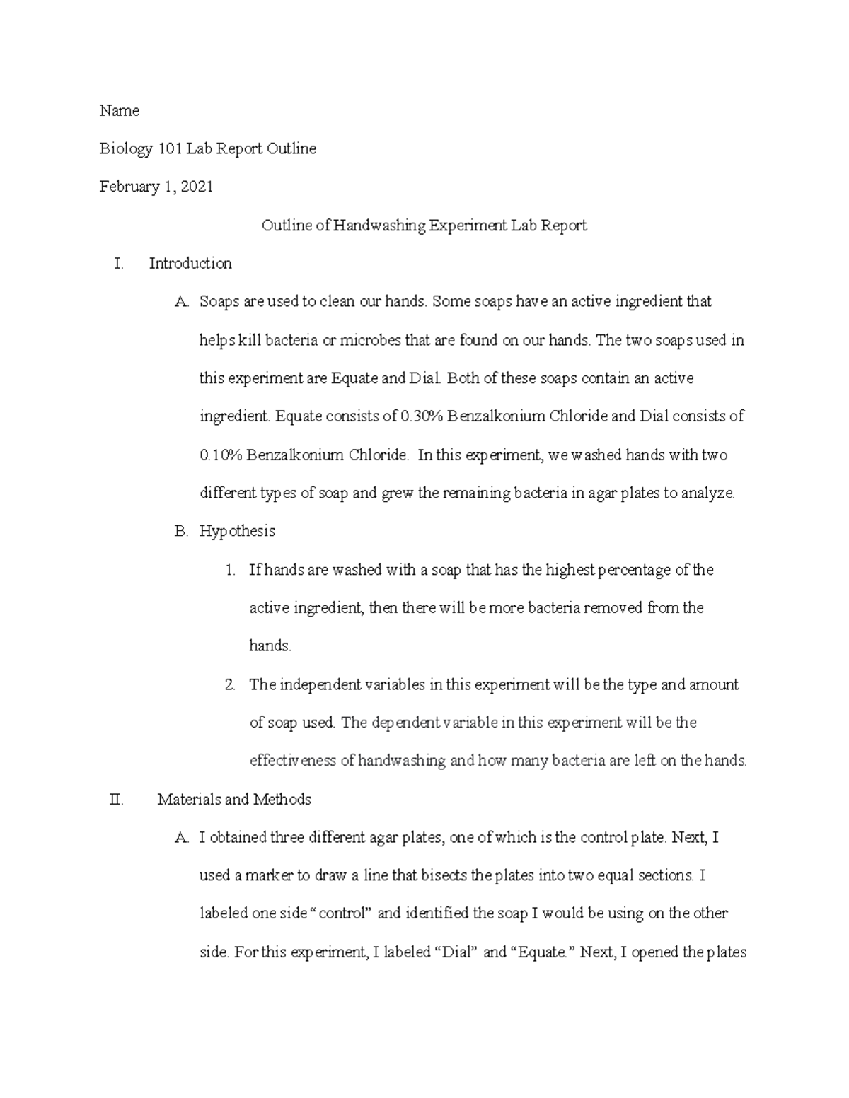 Bio Lab Handwashing Outline - Name Biology 101 Lab Report Outline ...