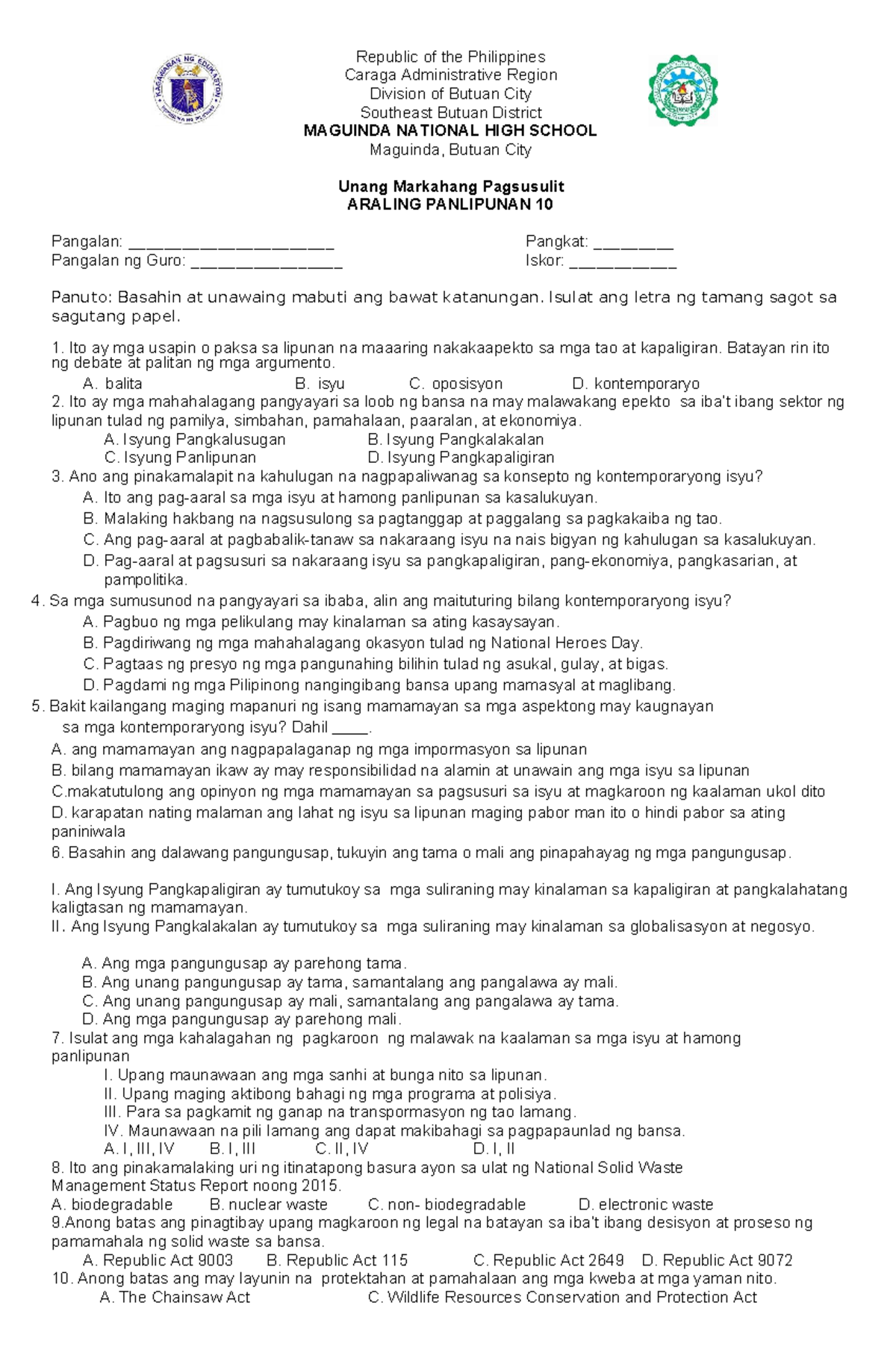 Unang Markahang Pagsusulit sa AP10 - Republic of the Philippines Caraga ...