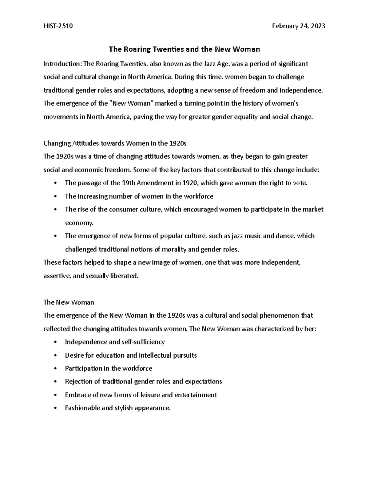 The Roaring Twenties and the New Woman - HIST-2510 February 24, 2023 ...