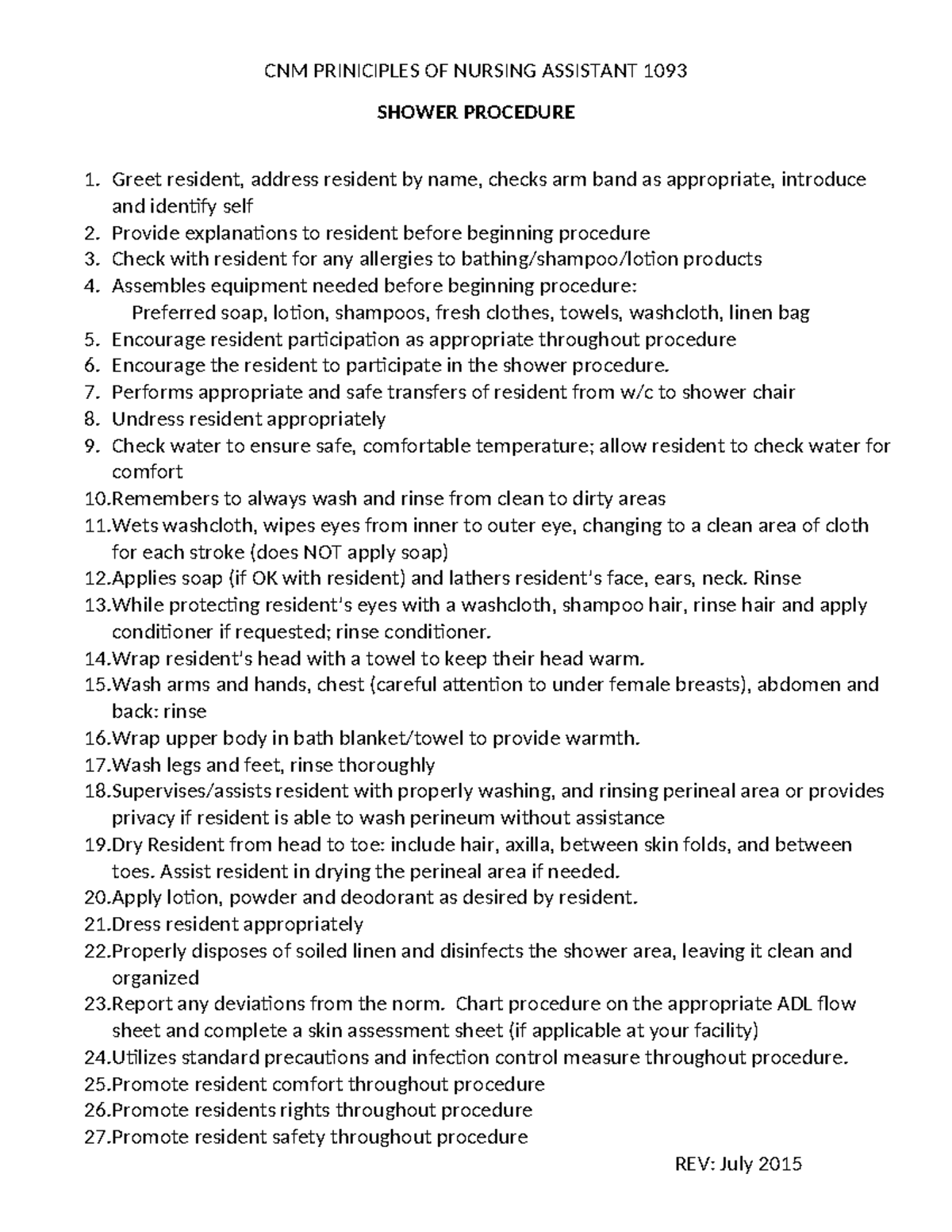 Shower Procedure with details on steps as well as what precautions to ...