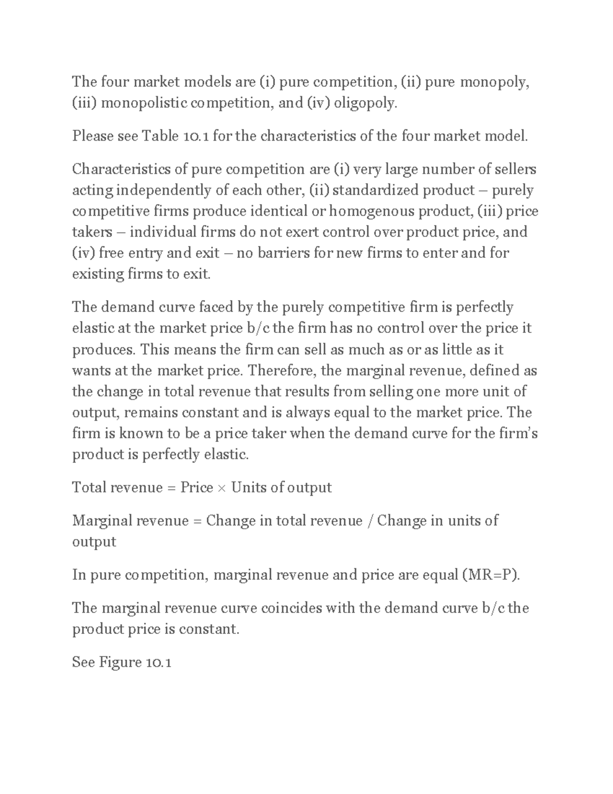 Microeconomics chapter 10 highlights - The four market models are (i ...
