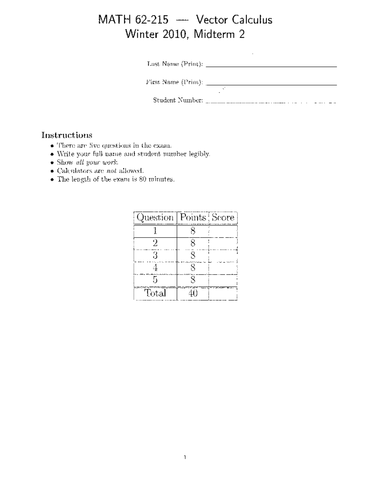 2010 Vector Calculus Midterm 2 - 03 62 215 - Studocu