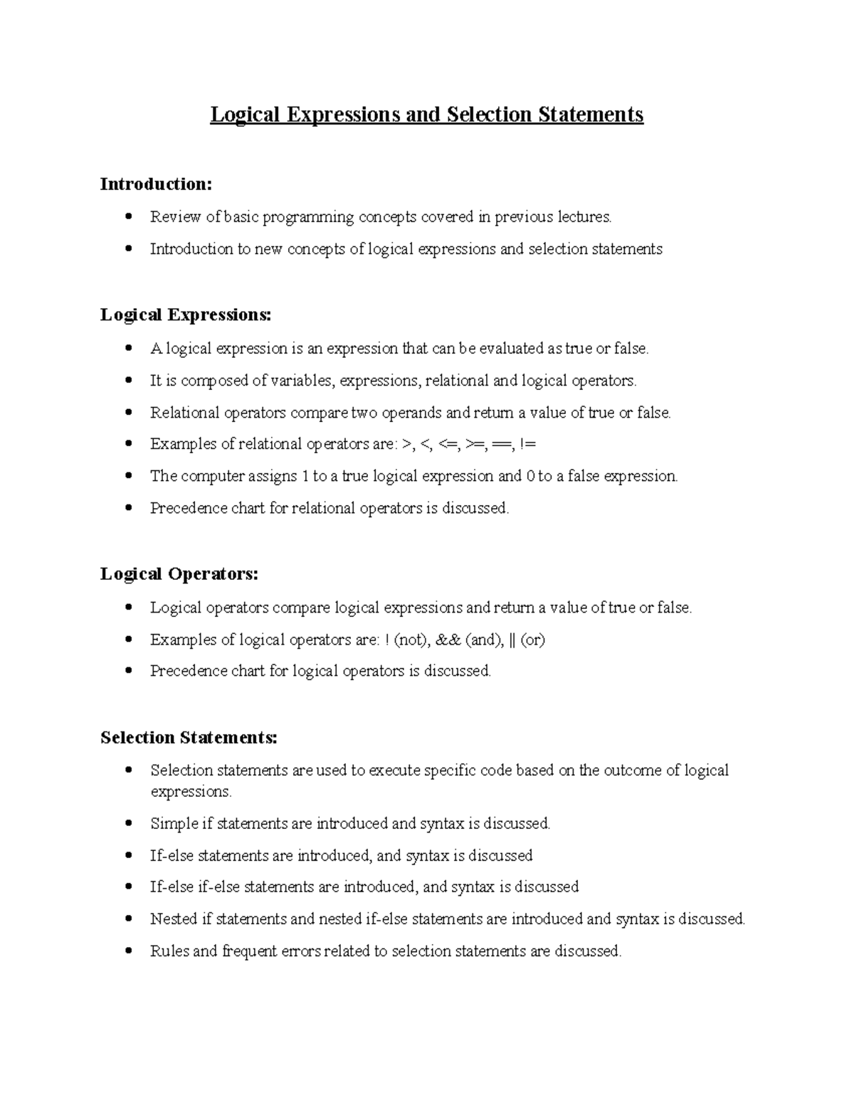 Logical Expressions And Selection Statements Logical Expressions And Selection Statements