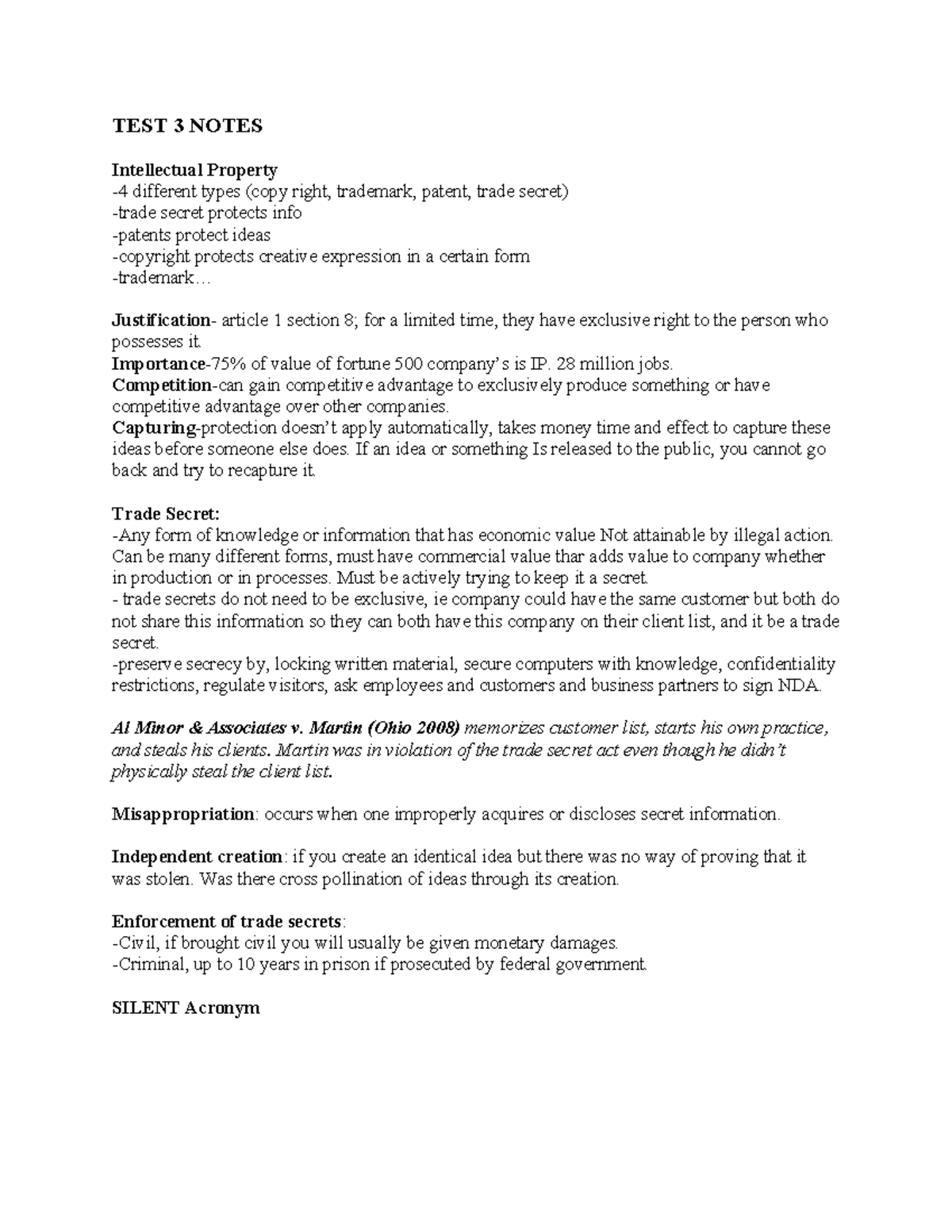TEST 3 Notes - TEST 3 NOTES Intellectual Property -4 different types ...