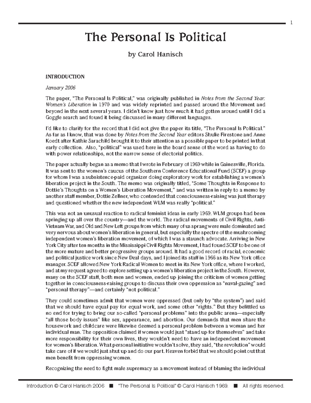 Hanisch The Personal is Political - INTRODUCTION January 2006 The paper ...