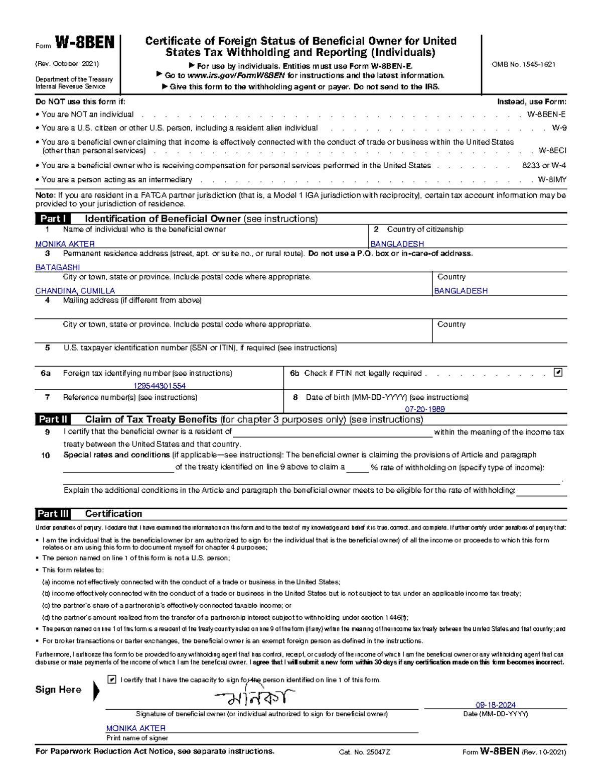 Fw8ben - adsad - Form W-8BEN (Rev. October 2021) Department of the ...