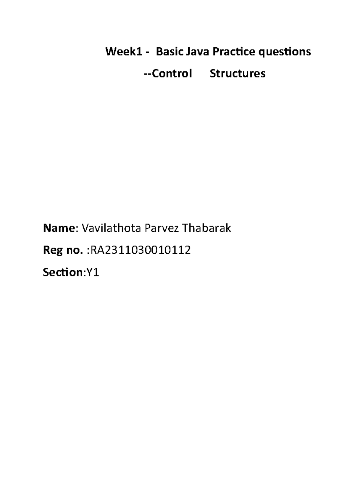 Parvez Java Week 1 Java Week1 Basic Java Practice Questions Control Structures Name