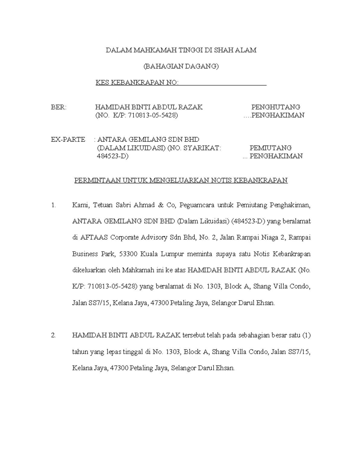 Bankruptcy Notice - Hamidah - DALAM MAHKAMAH TINGGI DI SHAH ALAM ...