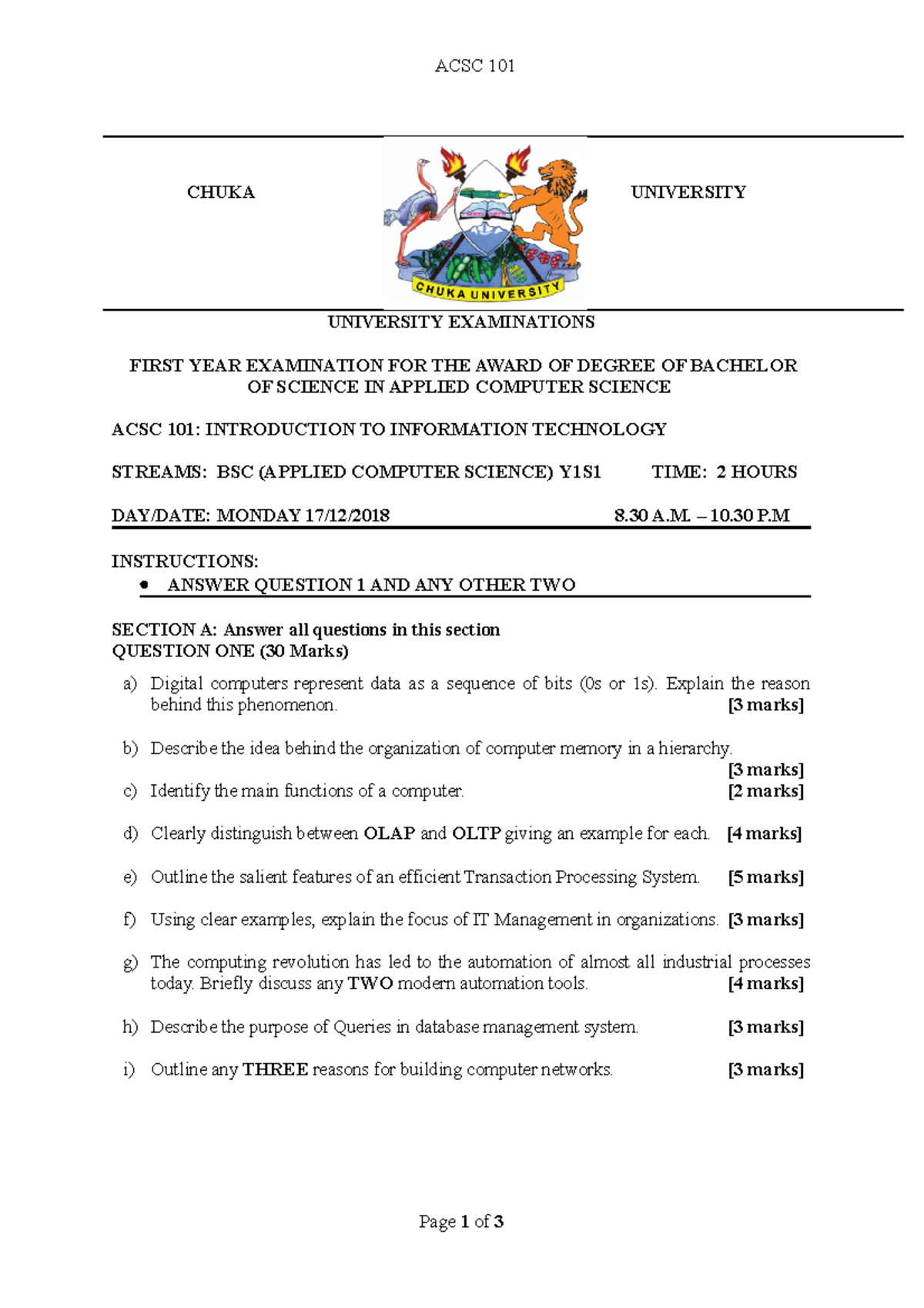 ACSC 101 Exam - practice question in the introductory units of applied ...