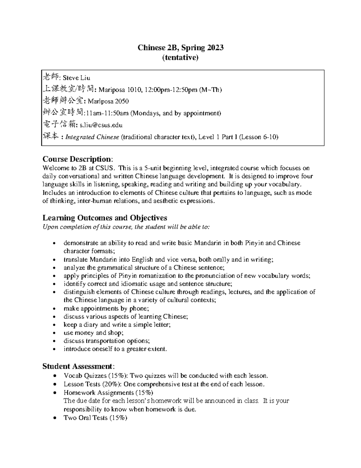 CSUS, Chinese 2B Syllabus, Spring 2023 - Chinese 2B, Spring 2023 ...