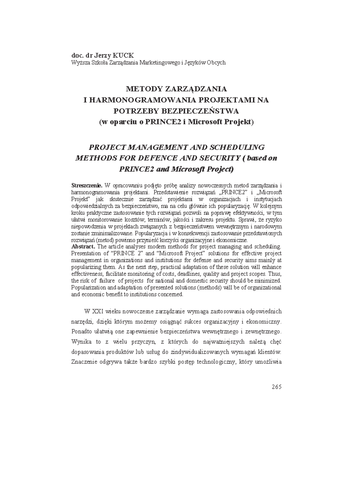 10. Metody zarządzania i harmonagramowania projektami (XX) - doc. dr Jerzy KUCK Wyższa Szkoła ...