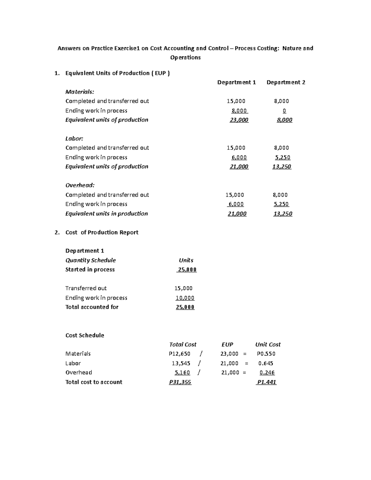 Answers on Practice Exercise 1 on Cost Accounting and Control - Process ...