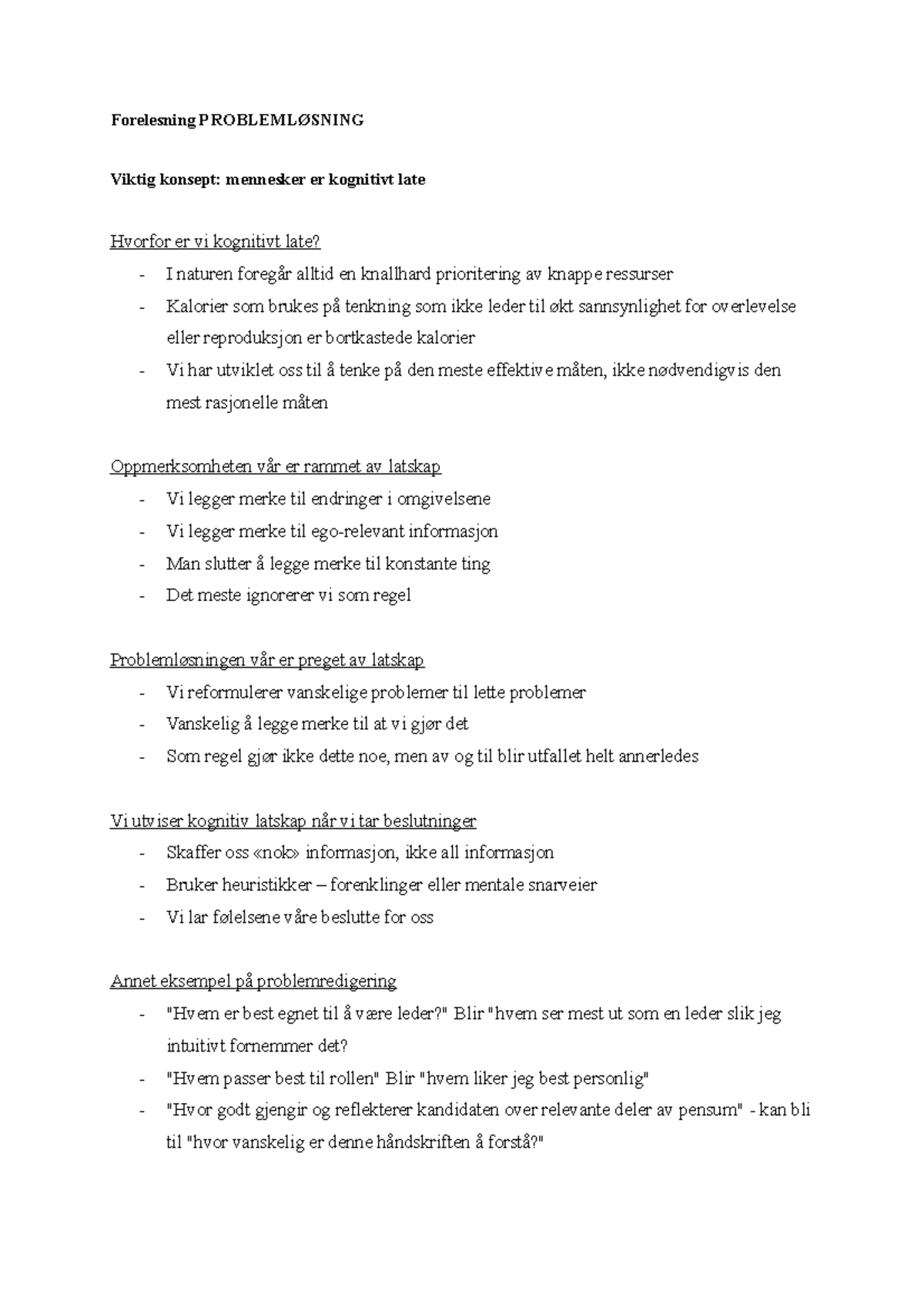 Forelesning i problemløsning notater - ORG3530 - BI - Studocu