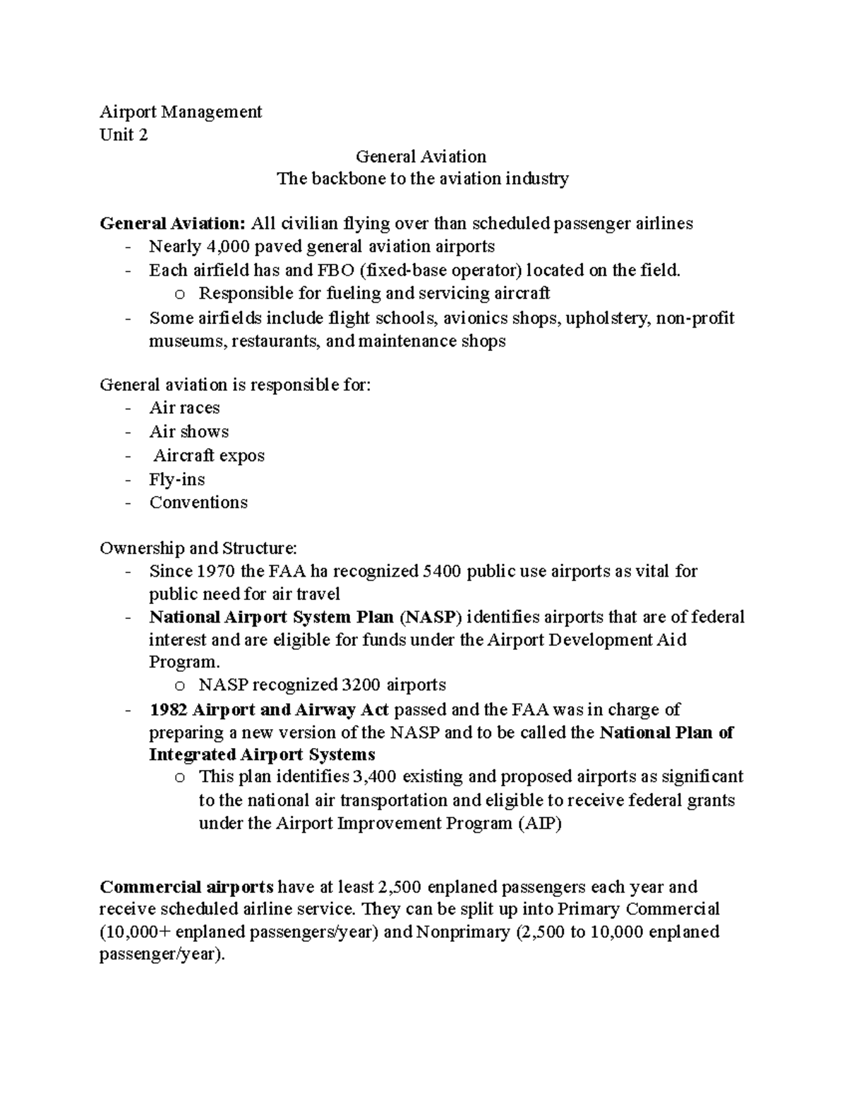 General Aviation - Airport Management Unit 2 General Aviation The ...