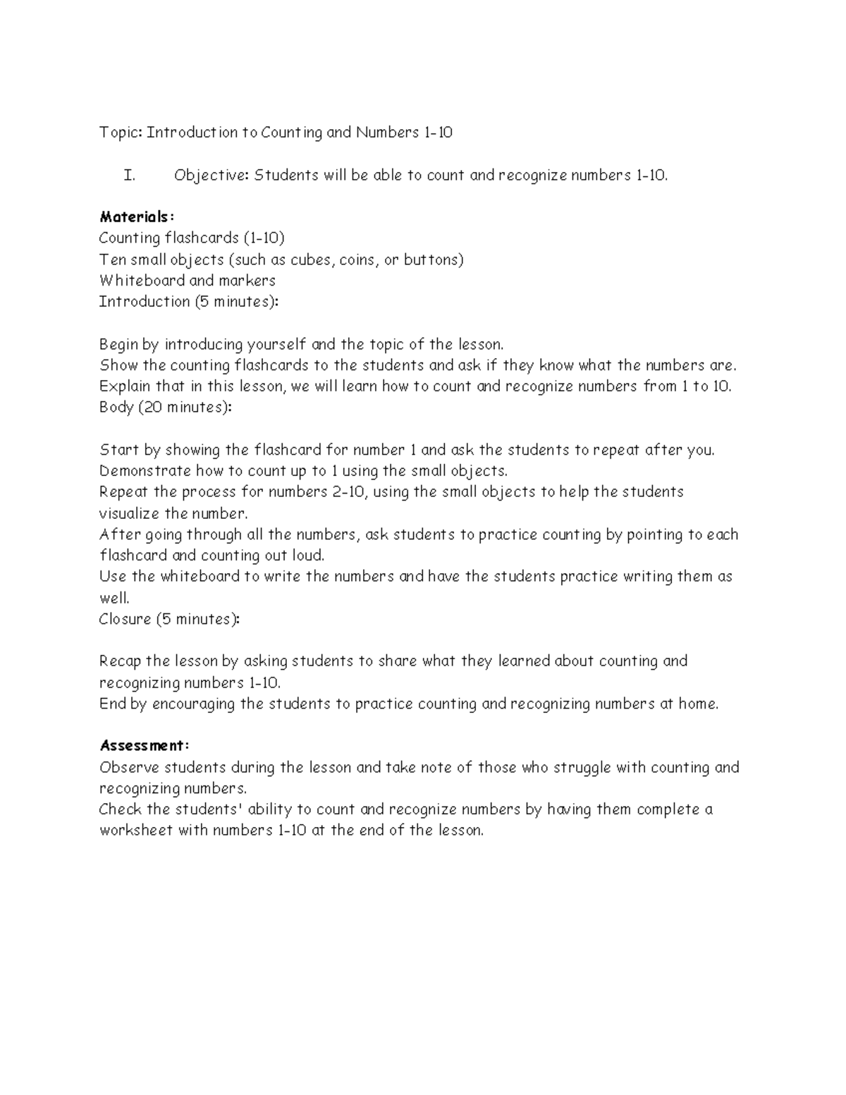 Lesson PLAN - Kindergarten Math - Topic: Introduction to Counting and ...