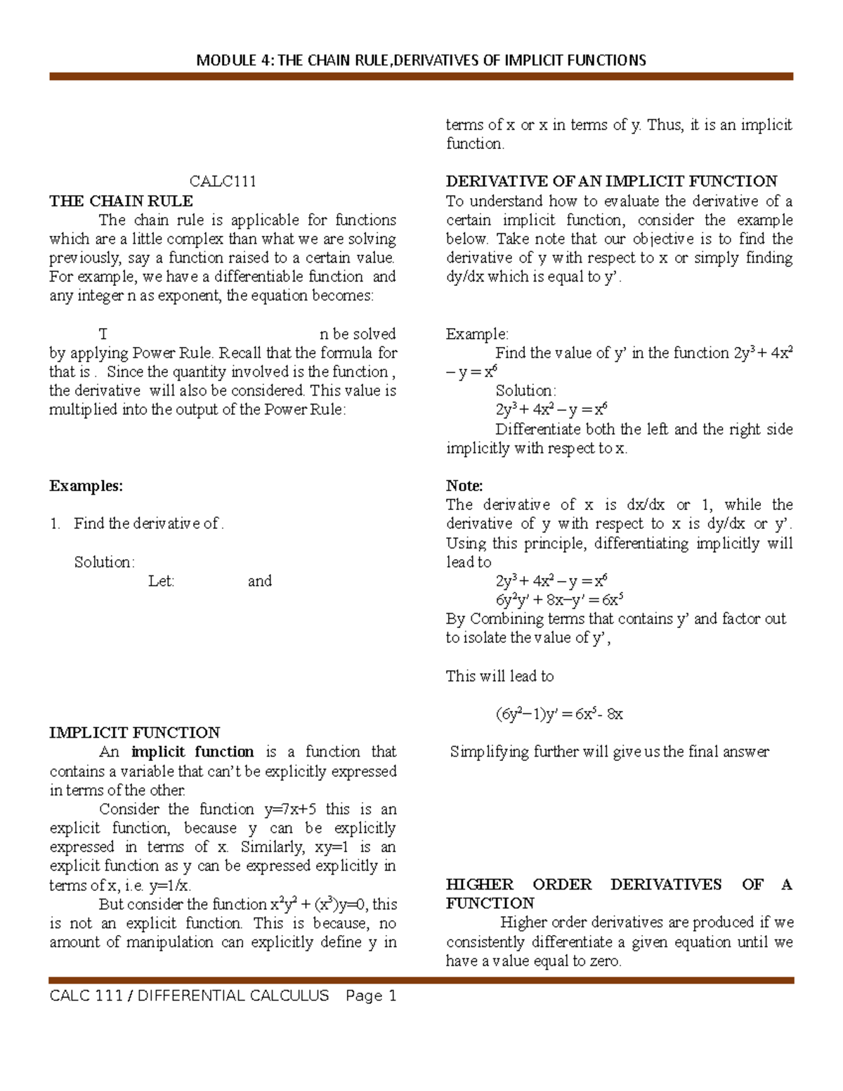 Midterms Reviewer CALC111 STAS111 TCWD111 - CALC THE CHAIN RULE The ...