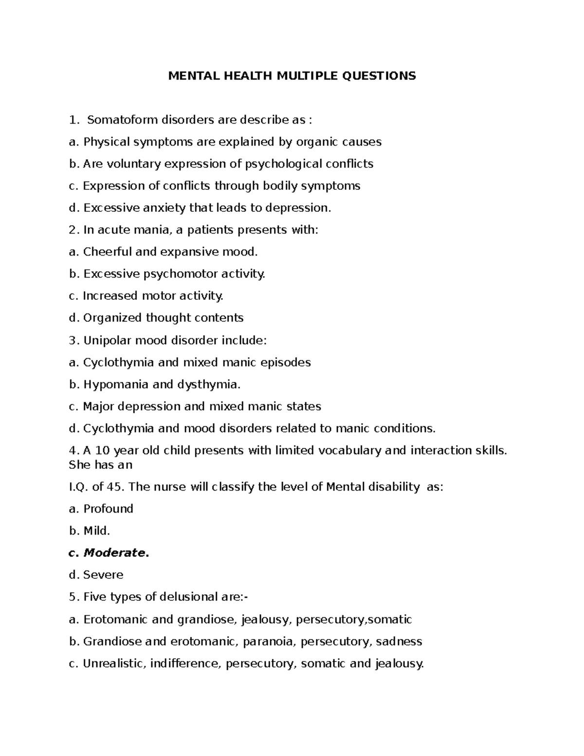 Mental Health Multiple Questions - MENTAL HEALTH MULTIPLE QUESTIONS ...