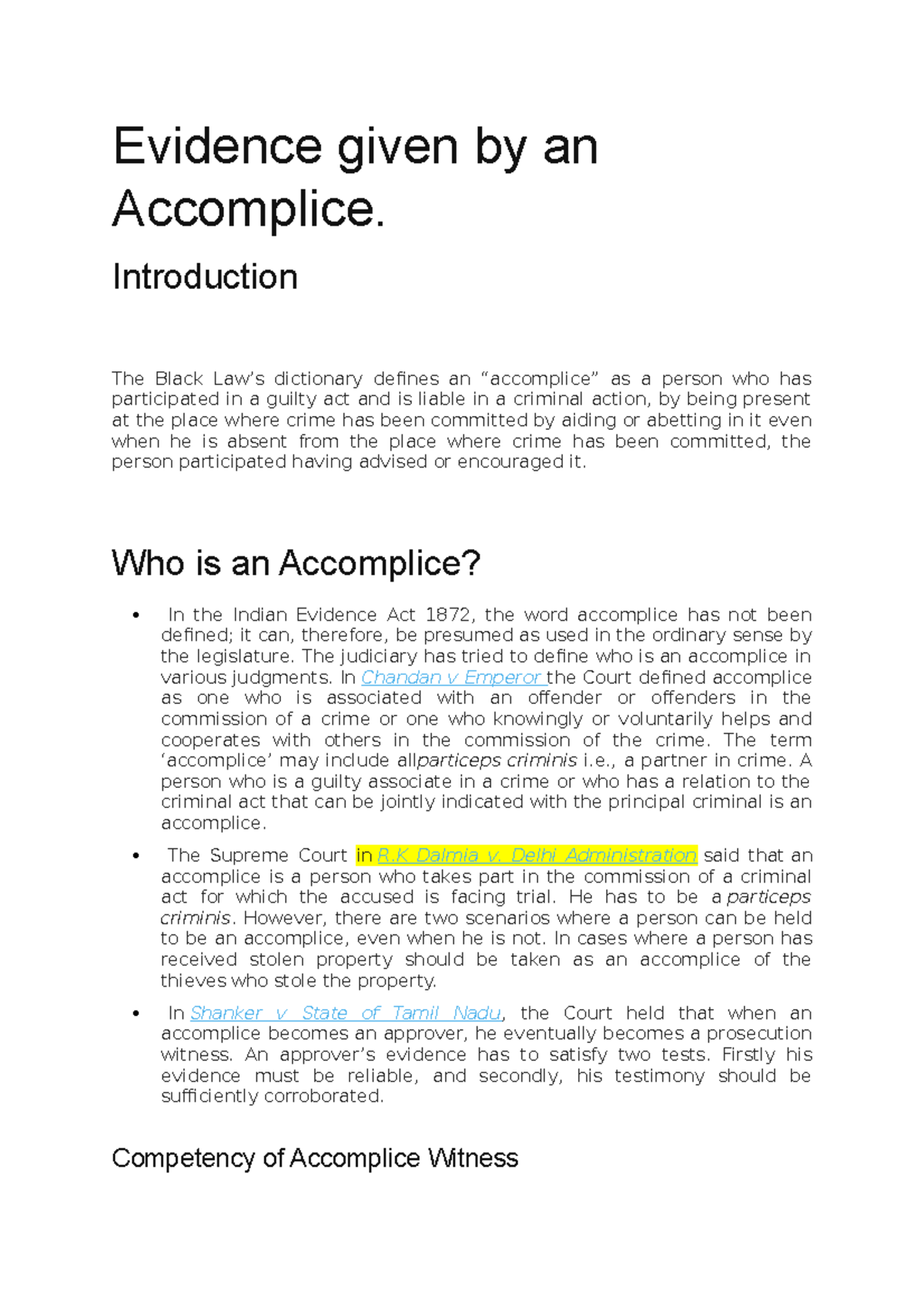Evidence given by an Accomplice - Introduction The Black Law’s ...