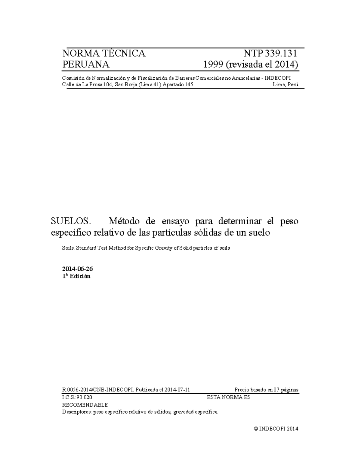 Norma NTP 21094 339.131 PESO Especifico - NORMA TÉCNICA NTP 339 ...