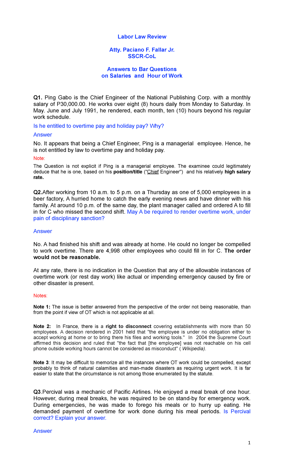 BAR Ans Salaries 2024 - labor law - Labor Law Review Atty. Paciano F ...