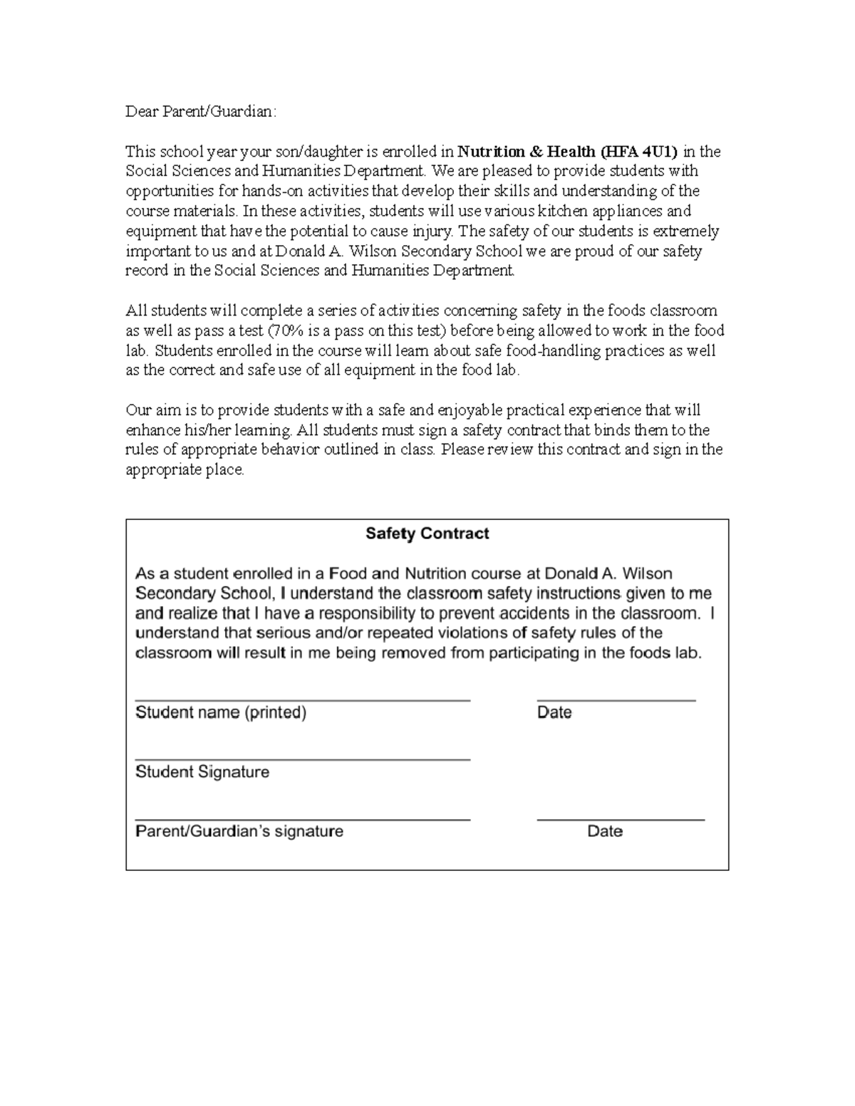 Safety Letter Agreement - Dear Parent/Guardian: This school year your ...