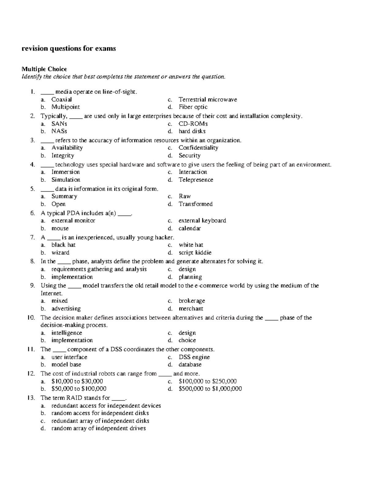 Important EXAM Questions - revision questions for exams Multiple Choice ...