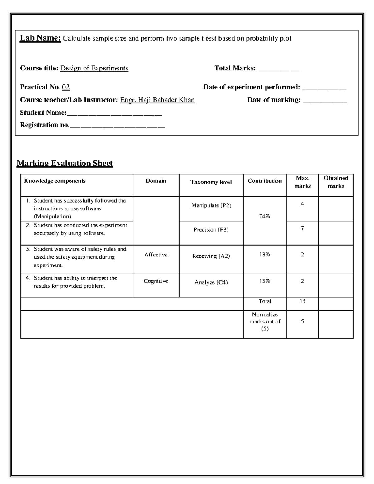 Do E Lab 2-T test and sample size - Marking Evaluation Sheet Knowledge ...